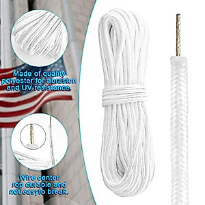 DOSTATNI 5/16" x 100 ft Wire Center Flagpole Rope with Clips Kit Polyester Flagpole Halyard Rope with Wire core and 3.4" Stainless Steel Snap Hooks for Flagpole