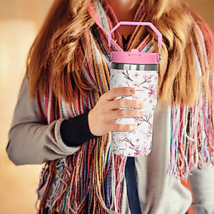 Hachishun 20 oz Cherry Blossom Tumbler with Handle Tumblers with Flip Straw and Top Handle Stainless Steel Coffee Mug Cherry Blossom Cup