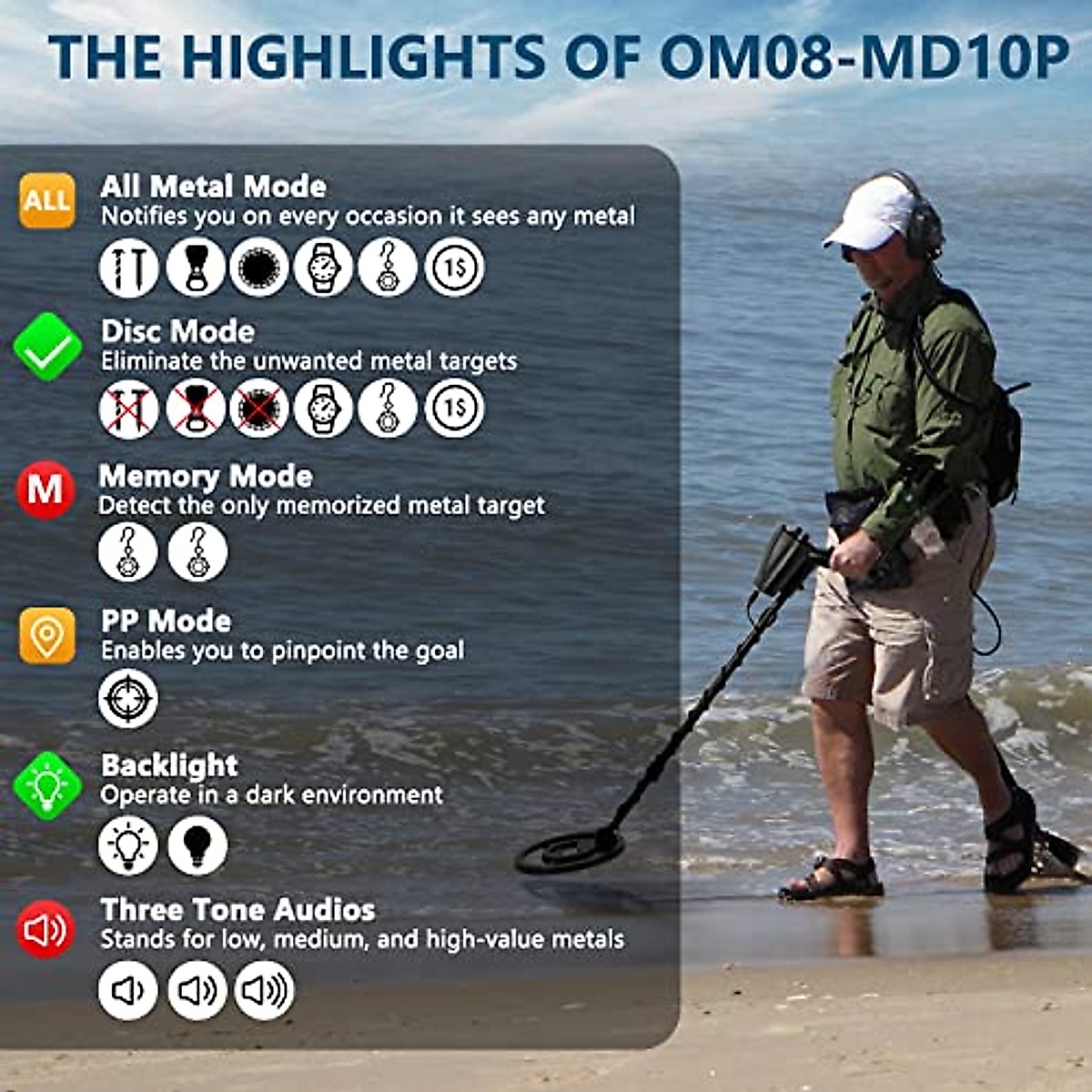 OMMO Metal Detector for Adults, High Accuracy Adjustable Waterproof Metal Detector, with Pinpoint & Disc & All Metal Mode, Great for Detecting Gold, Coin, Treasure Hunting
