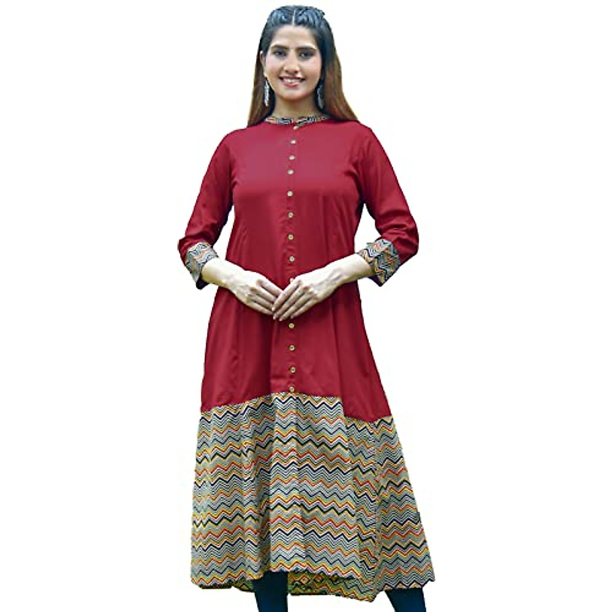 Yash Gallery Women's Rayon & Cotton Cambric Zig-Zag Print A-Line Kurta (S, Maroon)