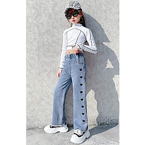 NABER Kids Girls Casual Wide Leg Denim Pants Heart Pattern Elastic Waist Jeans Size 4-14 Years (Blue2, 13-14 Years)