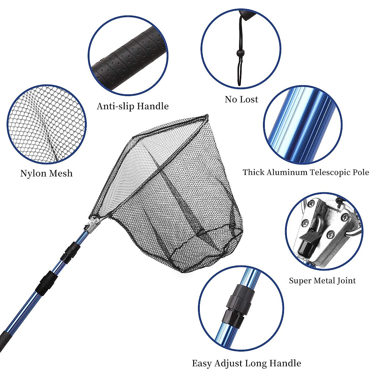 Blue Billow Fishing Net with Long Robust Telescopic Handle for Freshwater and Saltwater,Extend to 50.8 Inch,Foldable Nylon Mesh Landing Net