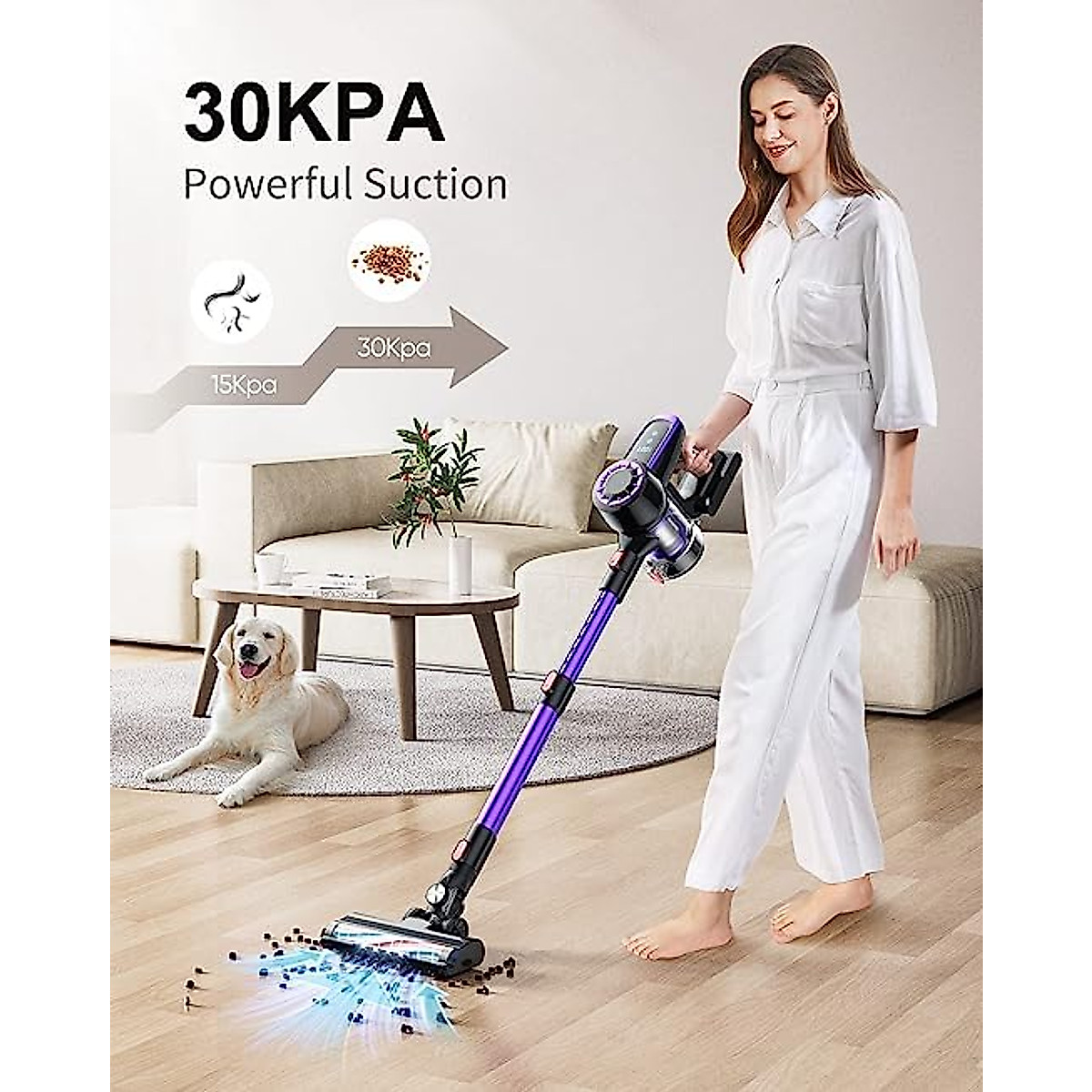 WLUPEL Cordless Vacuum Cleaner, 400W Stick Vacuum Cleaner with 30KPA Powerful Suction, Lightweight Handheld Vacuum LED Display for Carpet and Floor, Pet Hair (Hero 8-Purple)