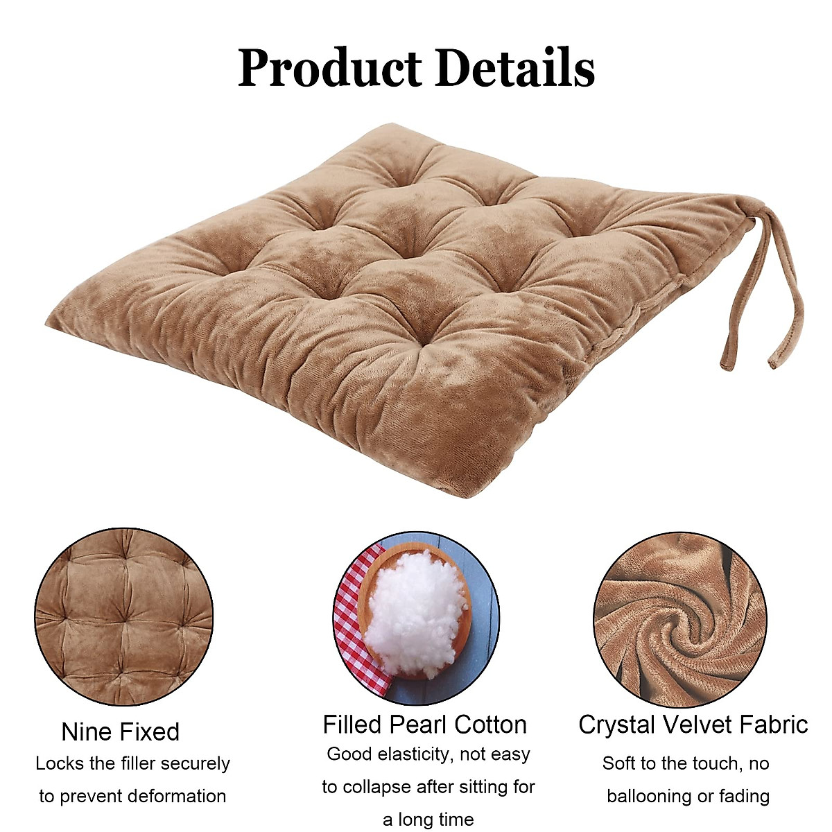 Set of 4 Square Chair Pads Indoor Seat Cushions Pillows with Ties Soft Comfortable Non Slip Chair Mat for Kitchen Dining Office Desk Living Room Outdoor Tatami 15.5" - Khaki