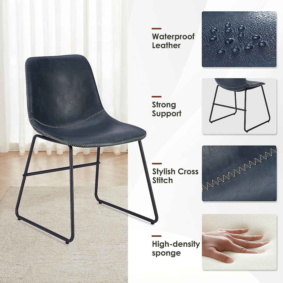 Soohow Set of 2, Kitchen Room Mid Century Midcentury Modern Faux Leather Comfortable, Home, Bistro Coffee Shop, Dining Chairs 4 PCS, Blue