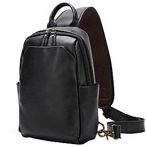 NIUCUNZH Soft Genuine Leather Crossbody Sling Bag Lightweight One Shoulder Small Backpack with Wide Comfortable Leather Strap Black