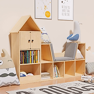 Cozy Castle 56.9" Wooden Kids Bookshelf with Reading Nook, Kids Bookcase with Detachable Cushions,Toy Storage Organizer with 9 Cubes and 2 Doors for Bedroom, Playroom, Oak