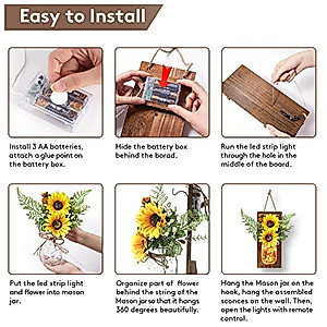 Sunflower Wall Decor Mason Jar Sconces Wall Decor 2 Pcs Rustic Farmhouse Handmade Wall Art Hanging with Remote Control LED Fairy Lights for Home Kitchen Living Room House Bedroom Wall Decorations
