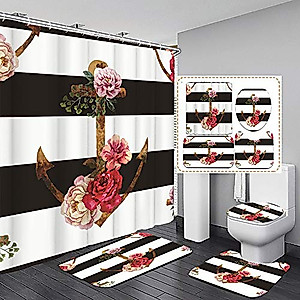 LyerArtork 4Pcs Nautical Shower Curtain Sets with Non-Slip Rug Toilet Lid Cover and Bath Mat Rose Striped Bathroom Curtains with 12 Hooks Washable Fabric Cloth Bathroom Decor