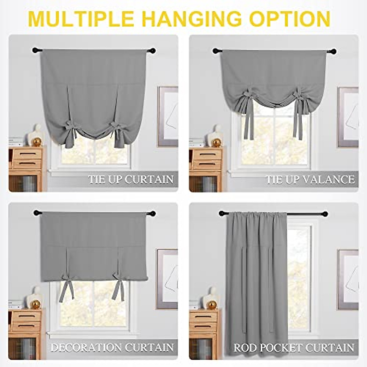 NICETOWN Tie Up Curtain for Kitchen - Roman Shade for Window Thermal Insulated Energy Saving Rod Pocket Short Curtain Panel for Camper RV, Silver Grey, W46 X L63, 1 Piece