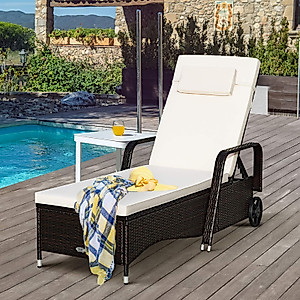 Tangkula Patio Chaise with Wheels, 6 Positions Adjustable Outdoor Lounger Chair with Steel Frame, Mix Brown Weaving Rattan, Cushion and Head Pillow, Suitable for Poolside, Balcony and Garden