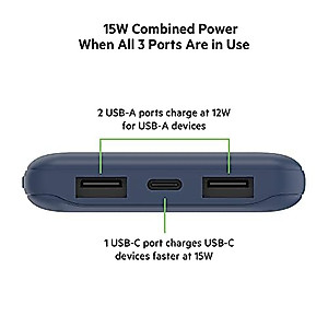 Belkin BoostCharge USB-C Portable Charger 10K Power Bank w/ 1 USB-C Port and 2 USB-A Ports & Included USB-C to USB-A Cable for iPhone 15, 15 Plus, 15 Pro, 15 Pro Max, Samsung Galaxy S24 & More - Blue