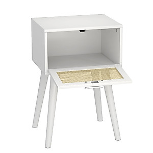 LAATOOREE Table, Nightstand Set of 2 - Small End Table with Rattan Door, Boho Style for Bedroom Living Room - White