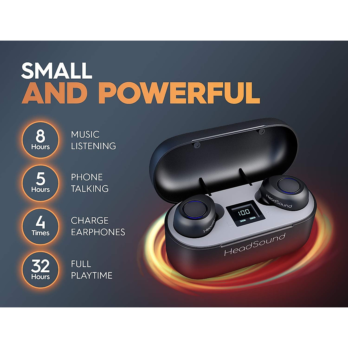 HeadSound X5 True Wireless Earbuds Headphones, CVC 8.0 Noise Reduction, Bluetooth 5.0 APTX HD Sound In Ear Totally Wireless Earphones, 32Hr Play Auto Pairing IPX7 Sweatproof Sport Headset,Built in Mic