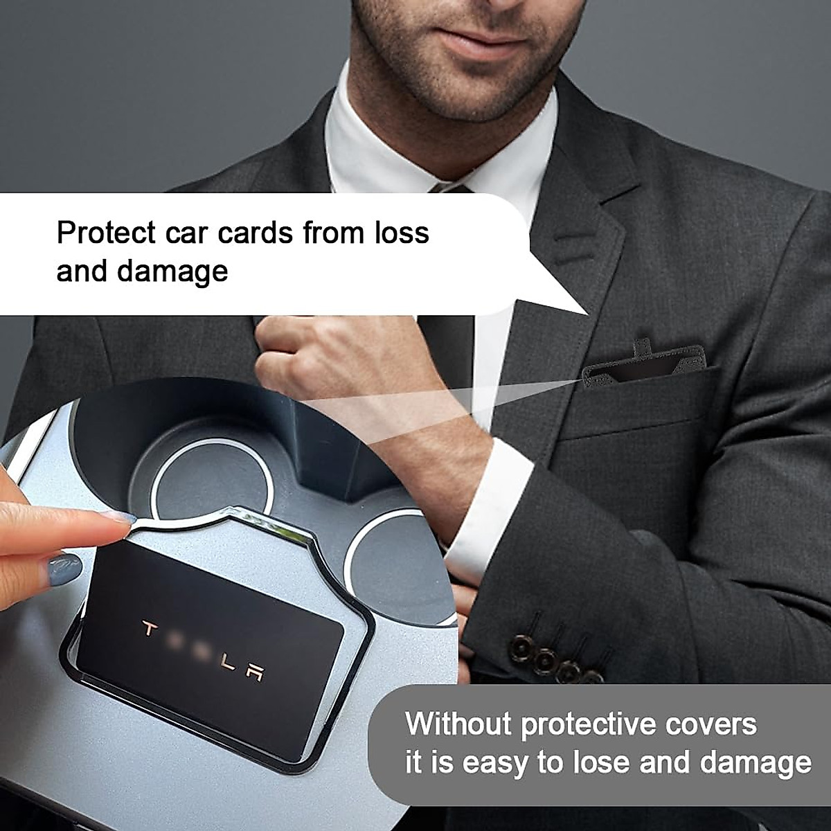 Car Key Clip, PU Leather Key Card Cover, Key Card Holder Case with Keychain Fit for Model 3 and Model Y (Black)