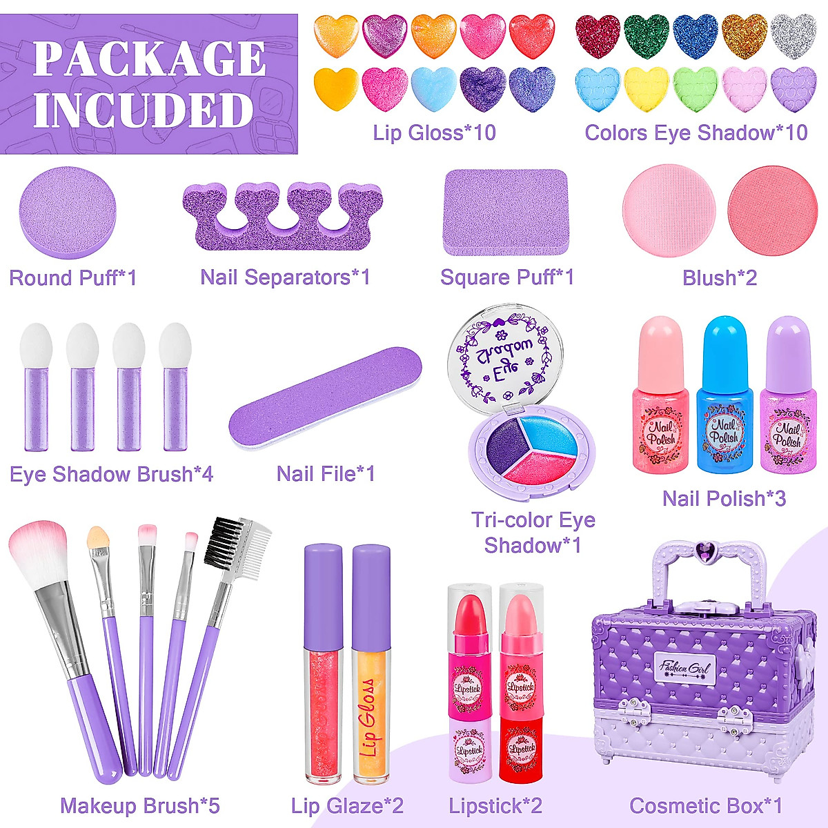 Kids Makeup Kit for Girls 44 Pcs Washable Makeup Kit,Real Cosmetic for Little Girls (Lilac)
