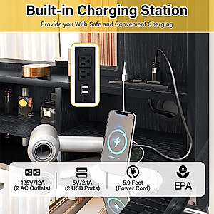 TC-HOMENY Makeup Desk Glass Top, Vanity Desk Dressing Table with Hair Tool Holder and Charging Station, 2 Drawers & Open Shelves Dresser Desk and Cushioned Stool Set