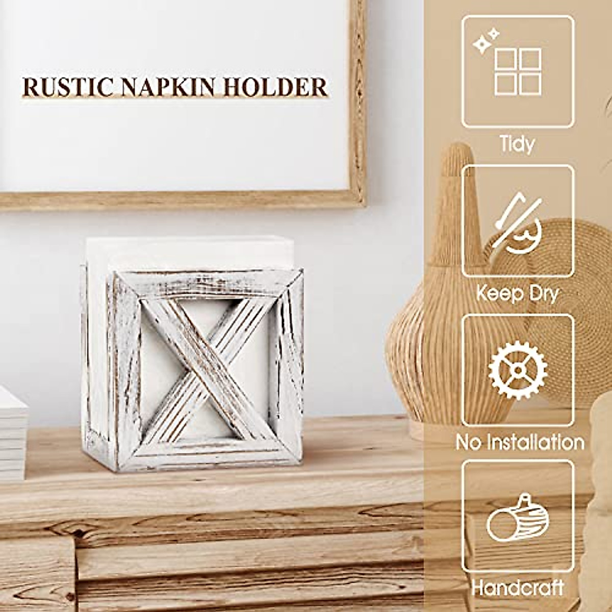 PUERSI Farmhouse Wooden Napkin Holder for Tables, Rustic Kitchen Decor for Counter, Ideal Napkin Dispenser for Dining Counter tops (White)