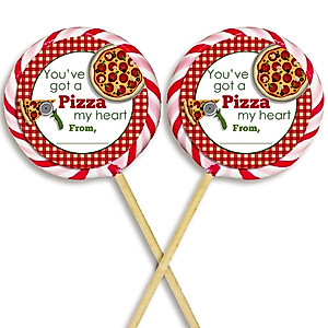 Piece Of My Heart Pizza-Themed Valentine Party Favor Sticker Labels, 40 2" Party Circle Stickers by AmandaCreation, Great for Classroom Valentines, Envelope Seals, Gifts & Treats