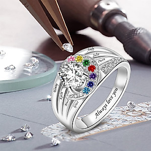 BAUMA AUTO Sterling Silver Personalized Mothers Ring with 1-8 Simulated Birthstones Engraving Family Name Ring for Mother Grandma