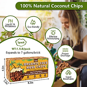 Legigo 1.1 LB Coco Husk Chips for Plants- 100% Organic Coconut Coir Chips Brick with Low EC & PH Balance, Compressed Coconut Substrate Coco Chips Mulch Medium for Garden, Flowers, Plants