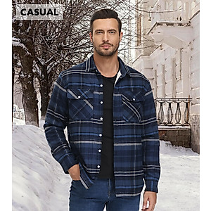 EKLENTSON Jacket for Men Fleece Flannel Plaid Jacket Casual Stylish Travel Coat Thermal Jacket Sherpa Coat Blue Grey 2XL