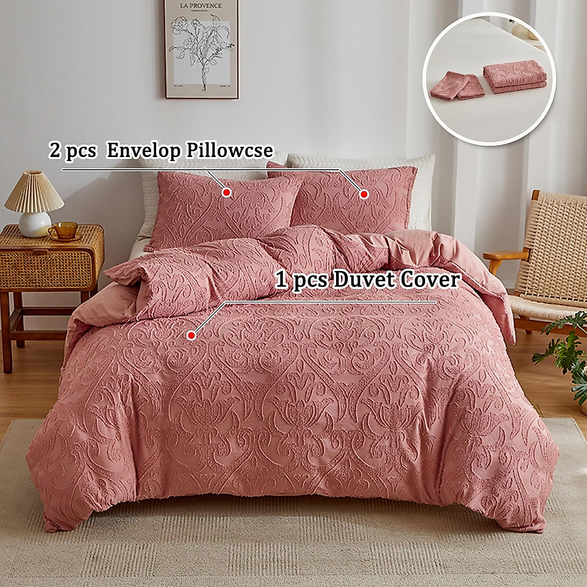 Warmarky Pink Duvet Cover Queen Size Boho Tufted Duvet Cover Queen(90x90’’) Soft Breathable Cation Microfiber Light-Weight Bedding Set,1pcs Comforter Cover,2pcs Envelop Pillowcase