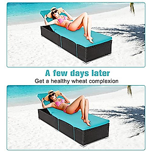JSUN7 Outdoor PE Wicker Lounge Chair - Rattan Chaise Lounger with Blue Cushion and Adjustable Backrest Recliner