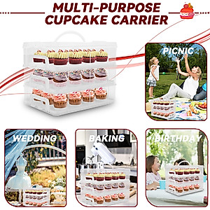 LEPump Cupcake Carrier, 3-Tiers Cupcake Containers, Holds 36 Cupcakes or 3 Large Cakes, Cupcake Holder, Cupcake Box with Lid and Handle (White, Basic)