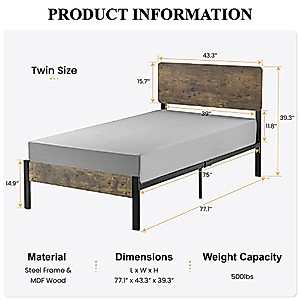 SHA CERLIN Twin Size Metal Platform Bed Frame with Wooden Headboard and Footboard/Rustic Mattress Foundation/No Box Spring Needed/Non-Slip Without Noise/Black&Brown