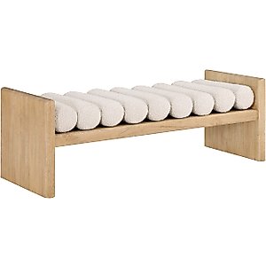 Meridian Furniture 179Cream Waverly Collection Modern | Contemporary Bench with Solid Wood Rich Natural Finish, Luxurious Cream Boucle Fabric, 52" W x 19" D x 18" H, Cream
