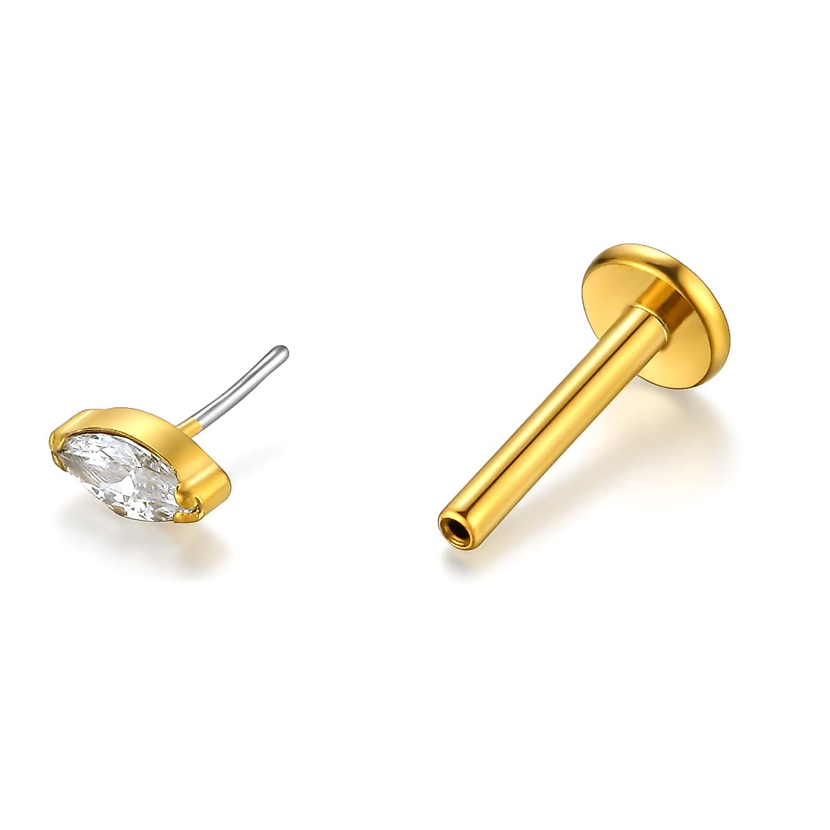 KaseStyle G23 Titanium Threadless Push-in Labret Lip Monroe Tragus Earrings Clear CZ Push Back Stud Helix Piercing Jewerly for Men Women (A,8mm 16G Gold)