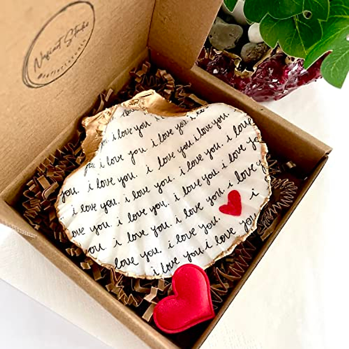 Nafiart Studio Love Trinket Dish - Natural Shell Jewelry Tray Organizer, Ring Holder - Home Decor - Gifts for Valentines Girlfriend Women Girl Gifts Present Birthday Red Heart Gift Box