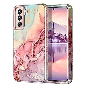 Btscase for Samsung S21 FE 5G 2022 Case, Marble Pattern 3 in 1 Heavy Duty Shockproof Full Body Rugged Hard PC+Soft Silicone Drop Protective Women Girl Cover for Samsung Galaxy S21 FE 5G, Rose Gold