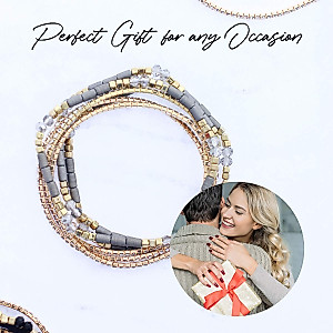 NTLX Multi Strand Beaded Stackable Stretch Bracelets for Women – Bohemian Boho Style Bracelets – Multi Color Layered Statement Bangles (Black Diamond Grey)