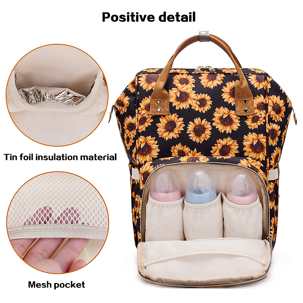 Sunflower Diaper Bag Backpack Set for Baby Girls, Large Floral Mom Bags with Nappy Pouch Stroller Straps