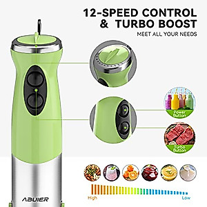 Immersion Blender Handheld 5 in 1 Hand Blender, 800W Hand Mixer Stick, BPA-Free 12 Speed and Turbo Mode Handheld Blender 304 Stainless Steel, With 20 oz Mixing Beaker, 17 oz Chopper, Whisk and Milk Frother for Soup, Smoothies, Baby Food, Sauce, Abuler (Gr