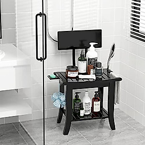 ETECHMART Bamboo Shower Bench with Back and Soap Dish, 2-Tier Shower Chair Bath Seat with Handle for Bathroom Bathtub Elderly Disabled, Waterproof Wood Spa Stool for Inside Shower Shaving, Espresso