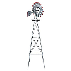 VINGLI 8FT Ornamental Windmill Backyard Garden Decoration Weather Vane, Heavy Duty Metal Wind Mill w/ 4 Legs Design, Grey