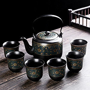 fanquare Japanese Porcelain Tea Set, Handmade Kungfu Teapot with 6 Cups, Large Black TeaPot with Gold Flowers Pattern