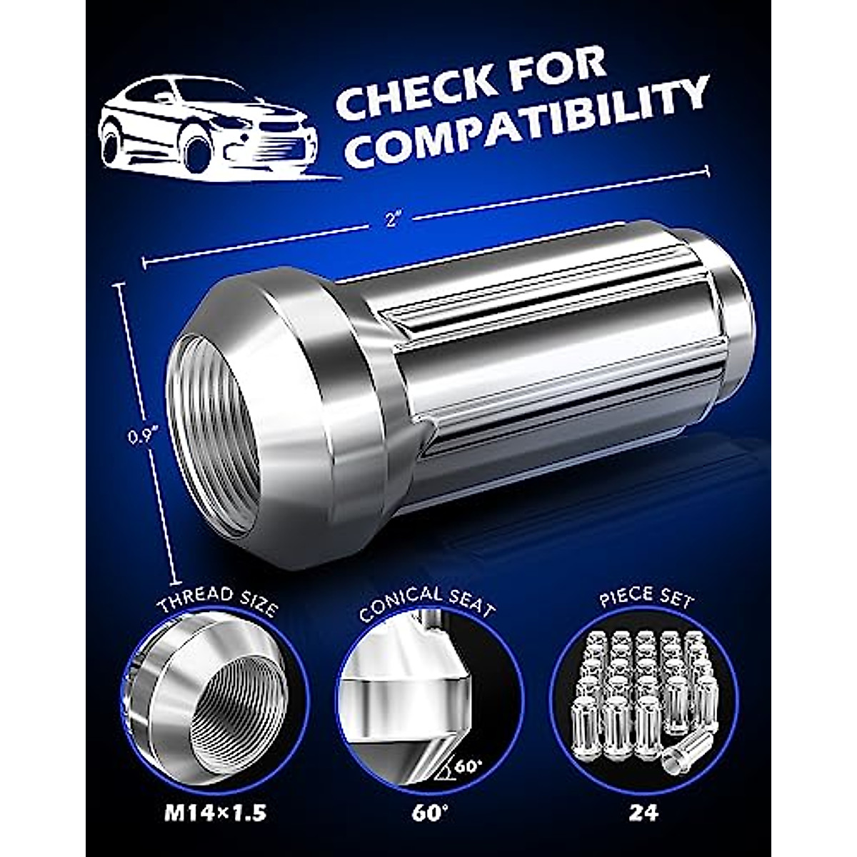 M14x1.5 Spline Lug Nuts with Cone Seat, Chrome Plated Wheel Lug Nuts Compatible with Chevrolet Silverado Suburban 1500 Ford Expedition F-150 Ram 1500& More, Set of 24