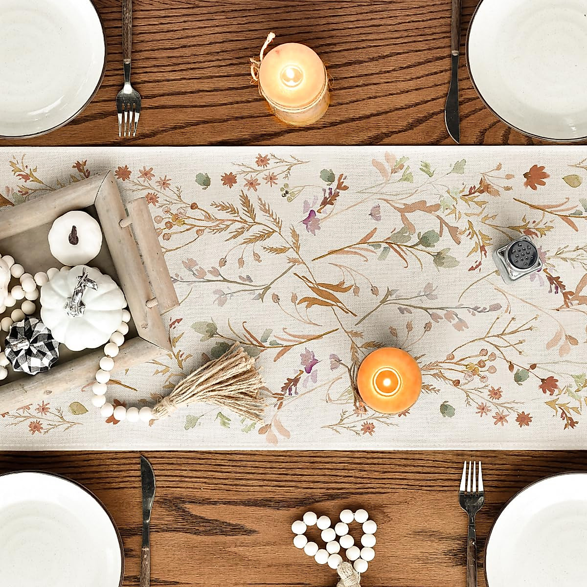 Artoid Mode Floral Leaves Fall Table Runner, Wild Flowers and Grasses Seasonal Autumn Kitchen Dining Table Decoration for Home Party Decor 13x72 Inch