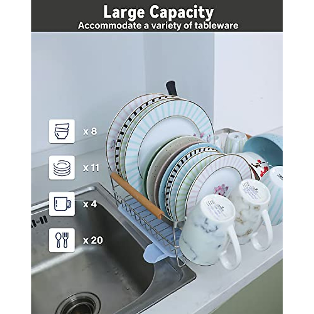 FLIORS Dish Drying Rack Stainless Steel, Dish Racks for Ditchen Counter, Rotating Spout, Detachable Draining Board, Scratch Proof, Rust Proof, Dish Rack for Cups, Cutlery and Cutting Boards