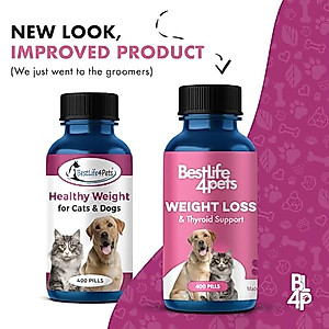 Weight & Thyroid Support for Dogs and Cats - Natural Solution for Hunger Control, Metabolism Support & Optimal Thyroid Function - Effective Dog & Cat Weight Loss - 400 Odorless, Tasteless Pills