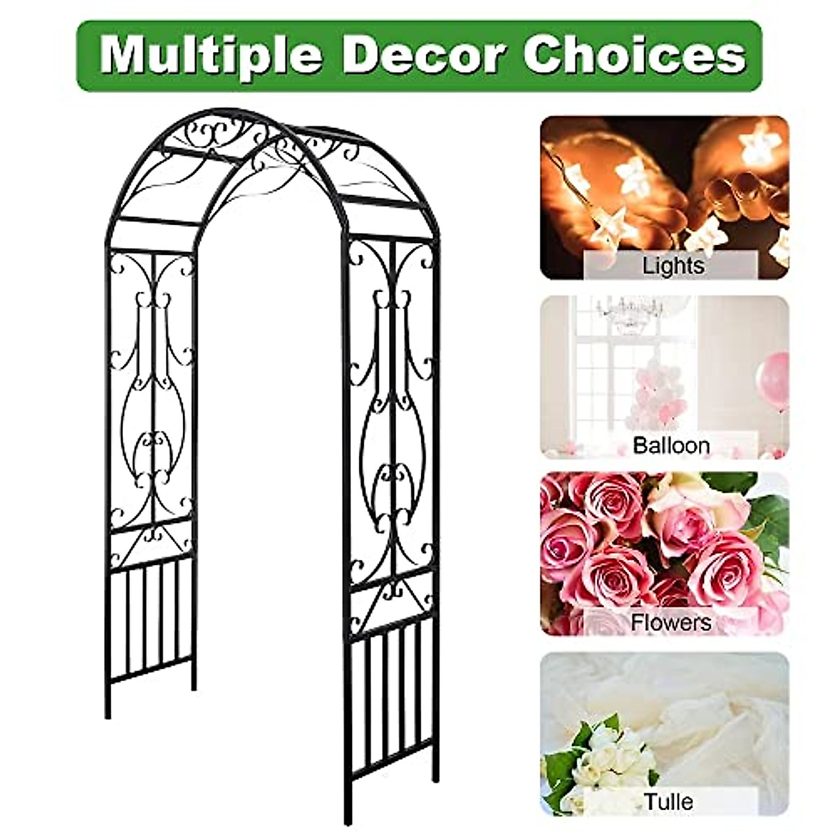 Peach Tree Outdoor Metal Garden Arch, 7' 3" H x 3' 11" W Iron Black Trellis Arbor Various Climbing Plant Growing Lawn Backyard