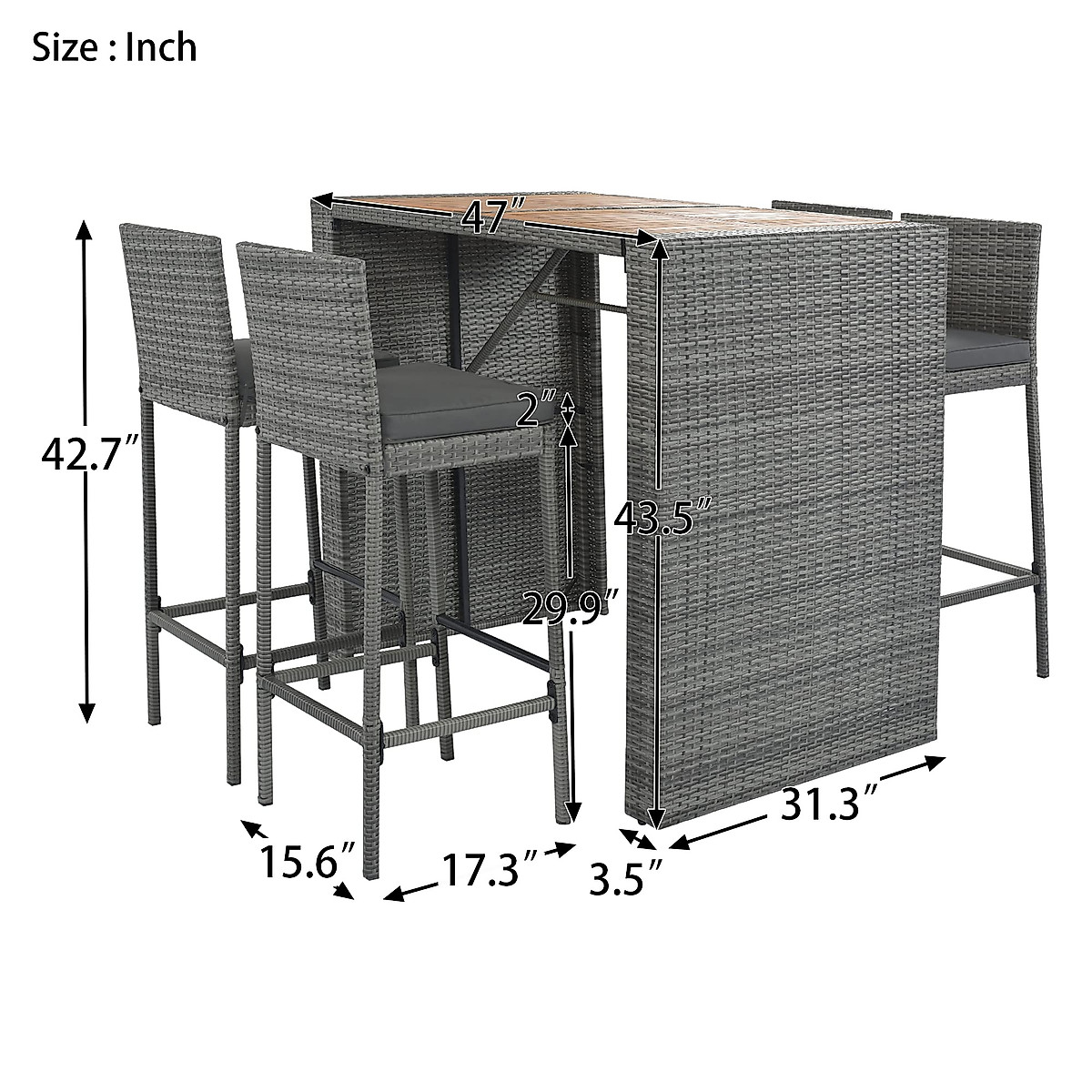 XD Designs 5-Pieces Outdoor Patio Bar Set, All-Weather PE Wicker Counter Height Dining Table Set, Acacia Wood Table Top, Comfort 4 Bar Chairs with Ergonomic Backrests, Footrest and Removable Cushion