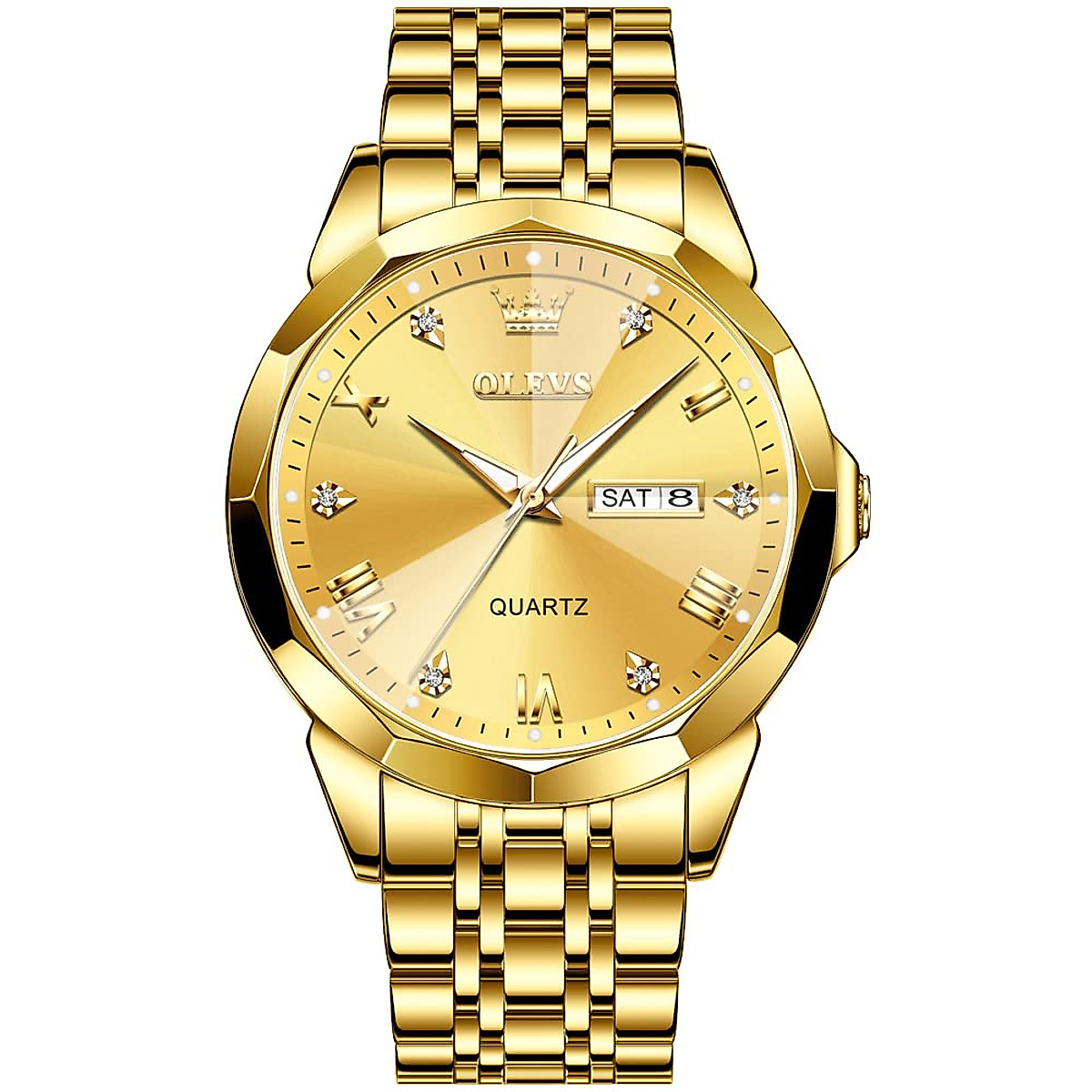 OLEVS Men Watches Business Dress Diamond Analog Quartz Date Luxury Wrist Watch Gold Casual Stainless Steel Waterproof Luminous Two Tone Watch for Men