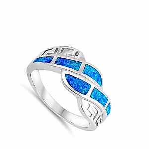 Blue Simulated Opal Greek Key Wave Wide Ring New .925 Sterling Silver Band Size 9