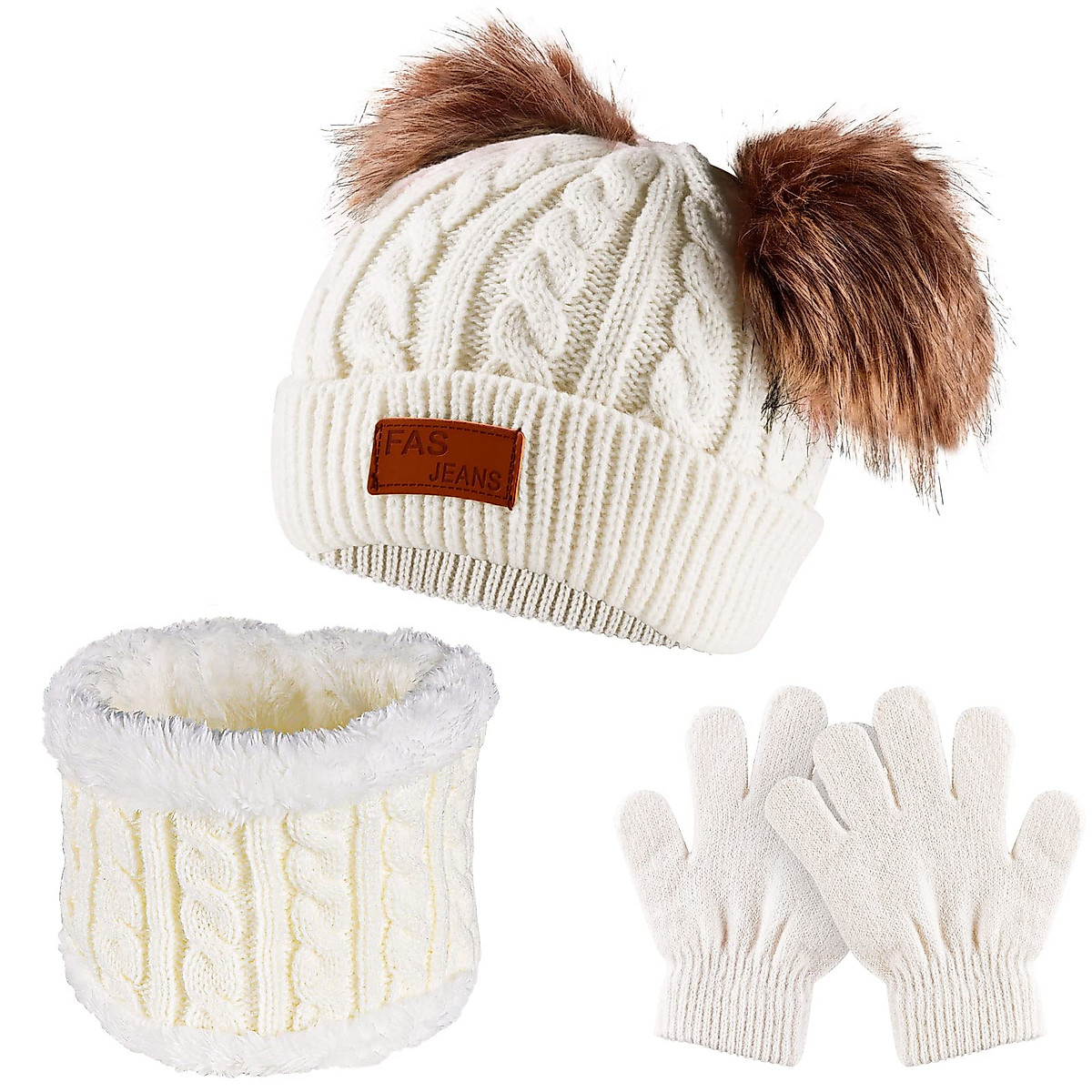 Kids Winter Hat Gloves Scarf Set, Girls Toddler Kids Beanie Hat with Pom Knit Gloves Neck Warmer for Girls Boys (White)