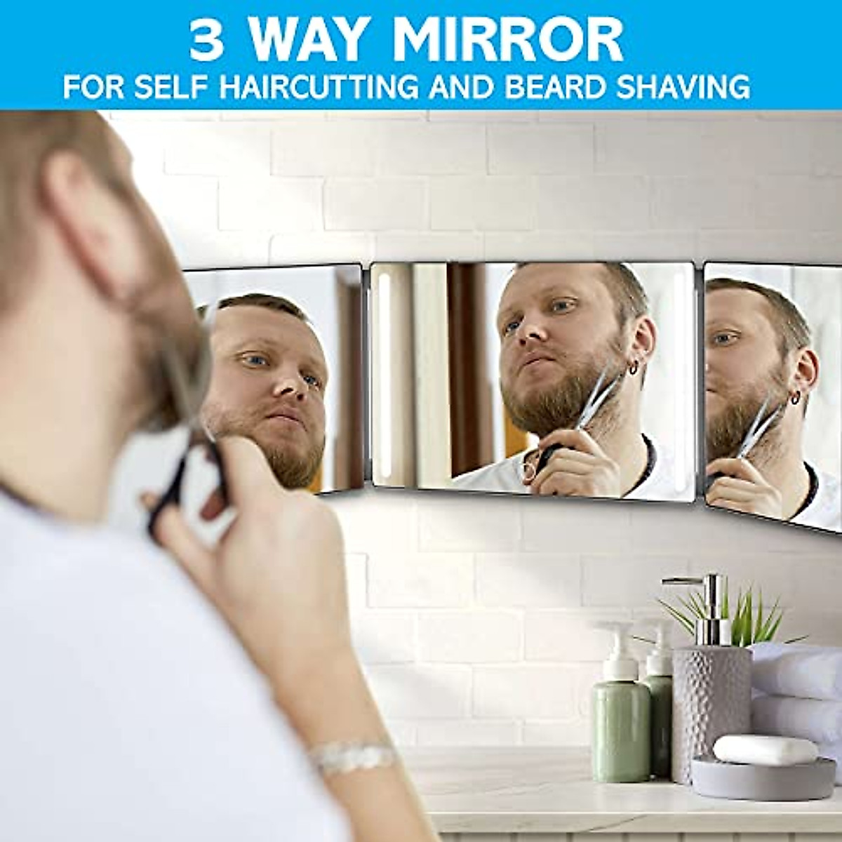 SZHSTC 3 Way Mirror for Hair Cutting with Lights, 360 Trifold Mirror for Self Haircuts for Men Barber Use Hair Cutting Tools to See Back of Head with Adjustable Portable Hooks